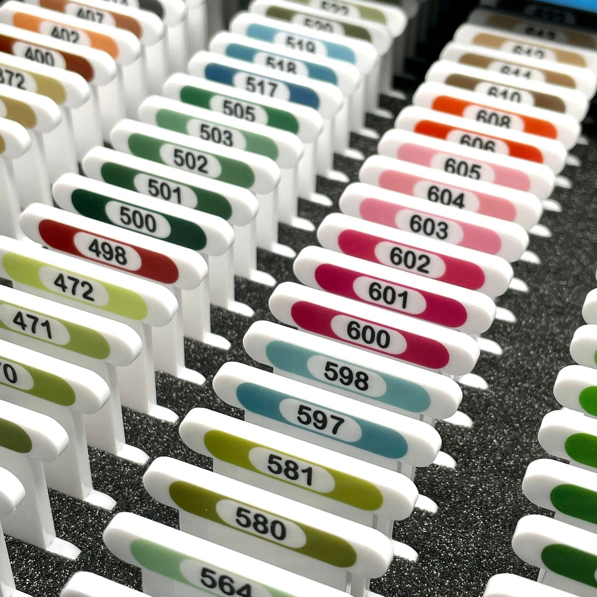 3mm acrylic bobbins with printed number and colour swatch for DMC - sm ...